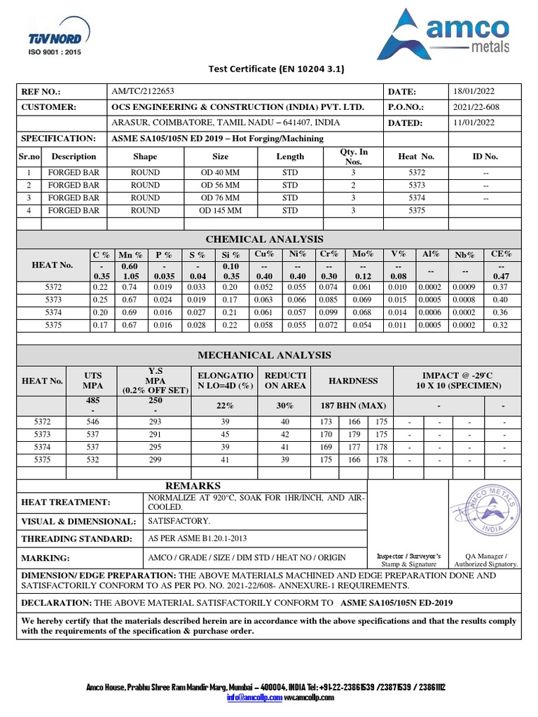 Test Certificate (EN 10204 3.1) | PDF | Mechanical Engineering ...
