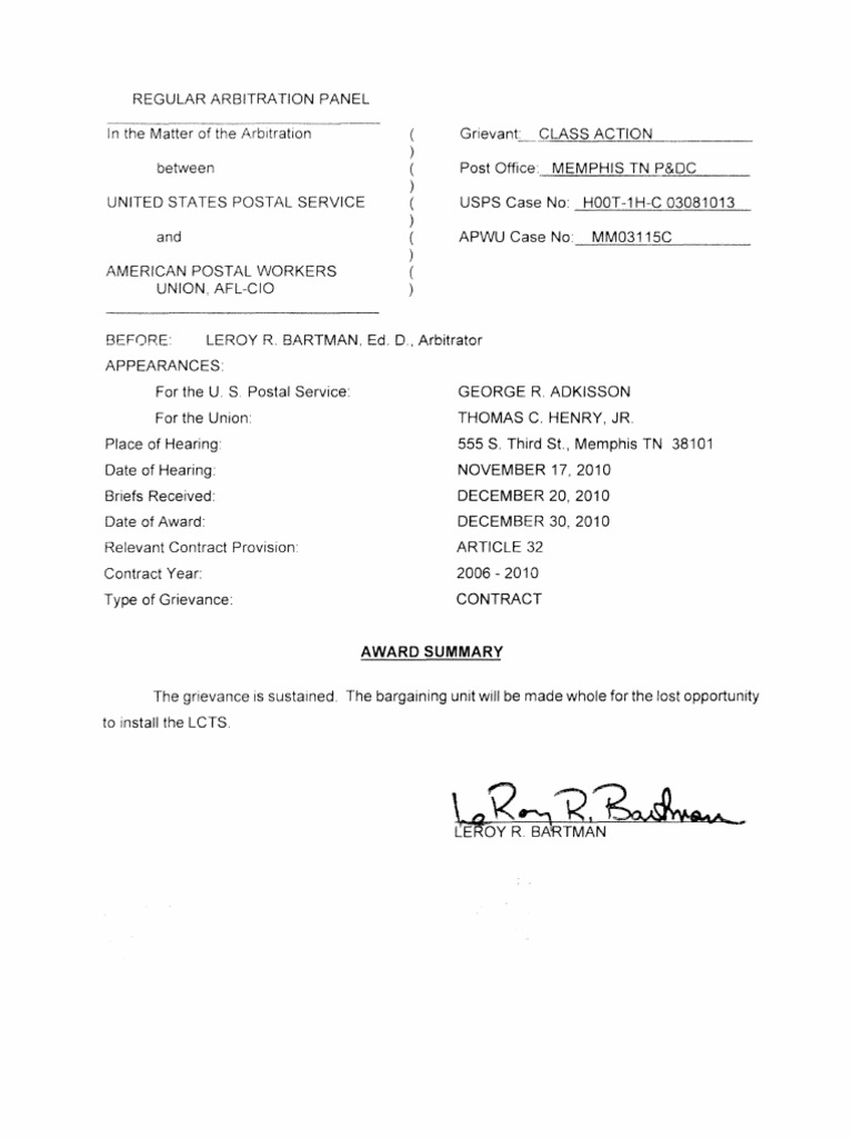 Arbitration Decision On USPS Subcontracting Postal Equipment ...