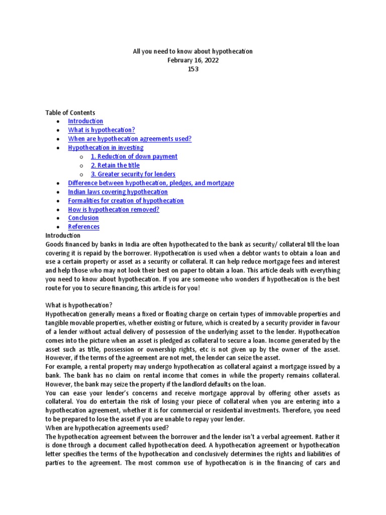 Hypothecation | PDF | Loans | Collateral (Finance)