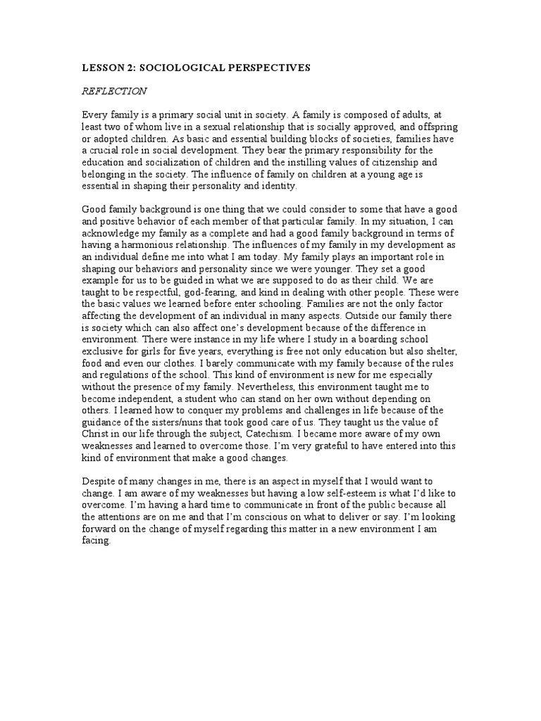 Reflection: Lesson 2: Sociological Perspectives | PDF | Family ...