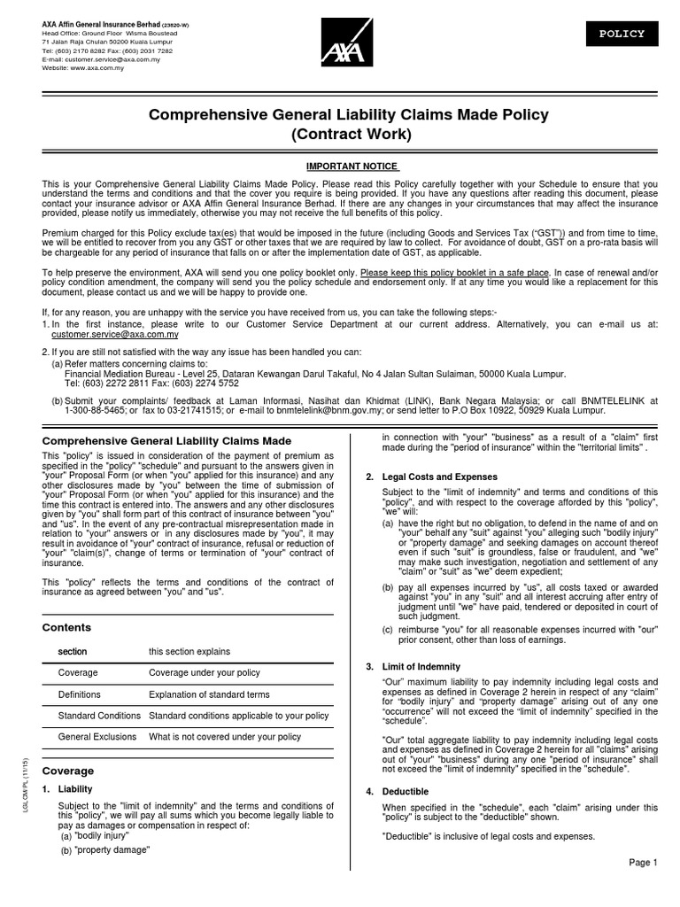 Comprehensive General Liability Claims Made Policy Wording | PDF ...