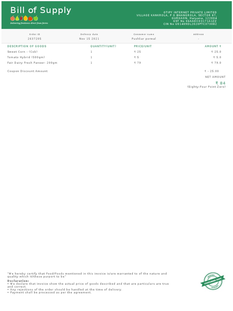 Description of Goods Quantity (Unit) Price/Unit Amount : Order ID ...