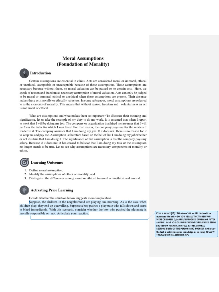 Moral Assumptions (Foundation of Morality) : Commented (J1) : This Doesn't Fit As APL. It Should ...