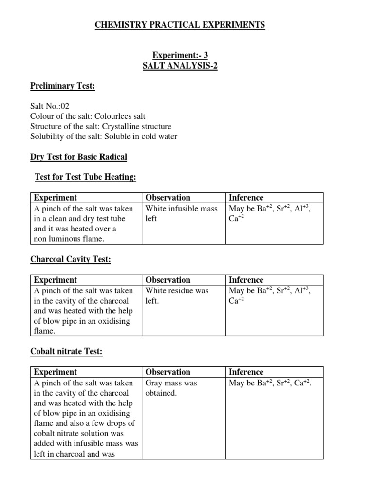 Chemistry Salt Analysis (New) Exp. - 2 and 3 | PDF | Ammonium | Salt ...