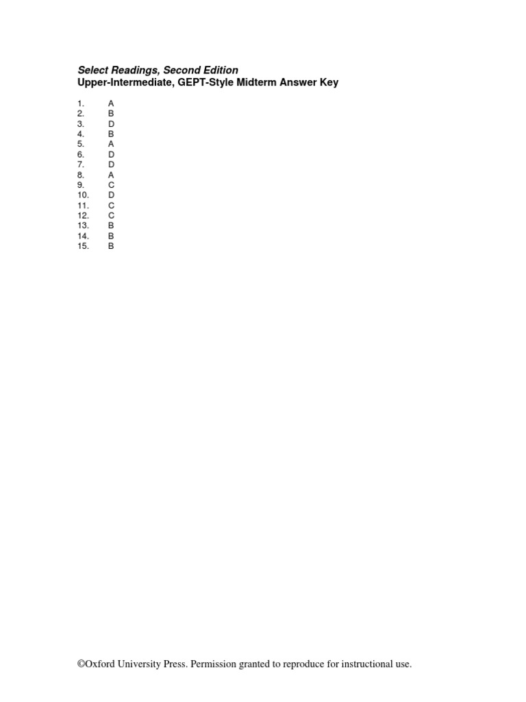 Upper-Intermediate, GEPT-Style Midterm Answer Key: Select Readings ...