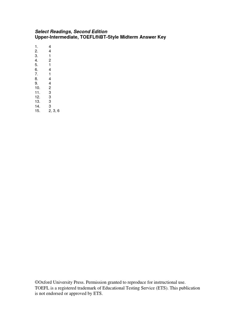 Upper-Intermediate, TOEFL®iBT-Style Midterm Answer Key: Select Readings ...