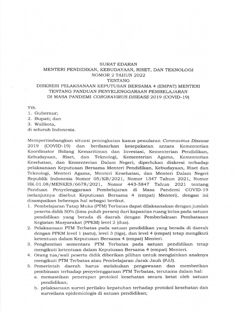 Surat Edaran Menteri Pendidikan Kebudayaan Riset Dan Teknologi Nomor 2 Tahun 2022 | PDF