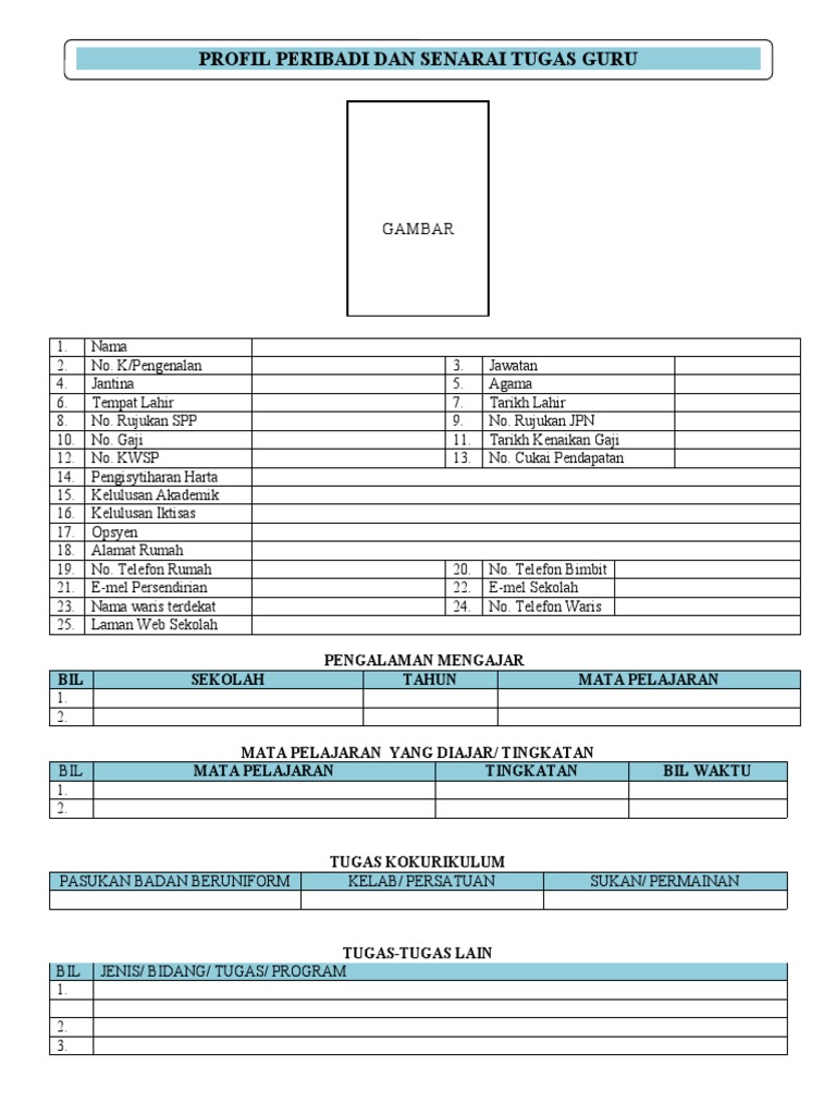 Profil Peribadi Dan Senarai Tugas Template | PDF