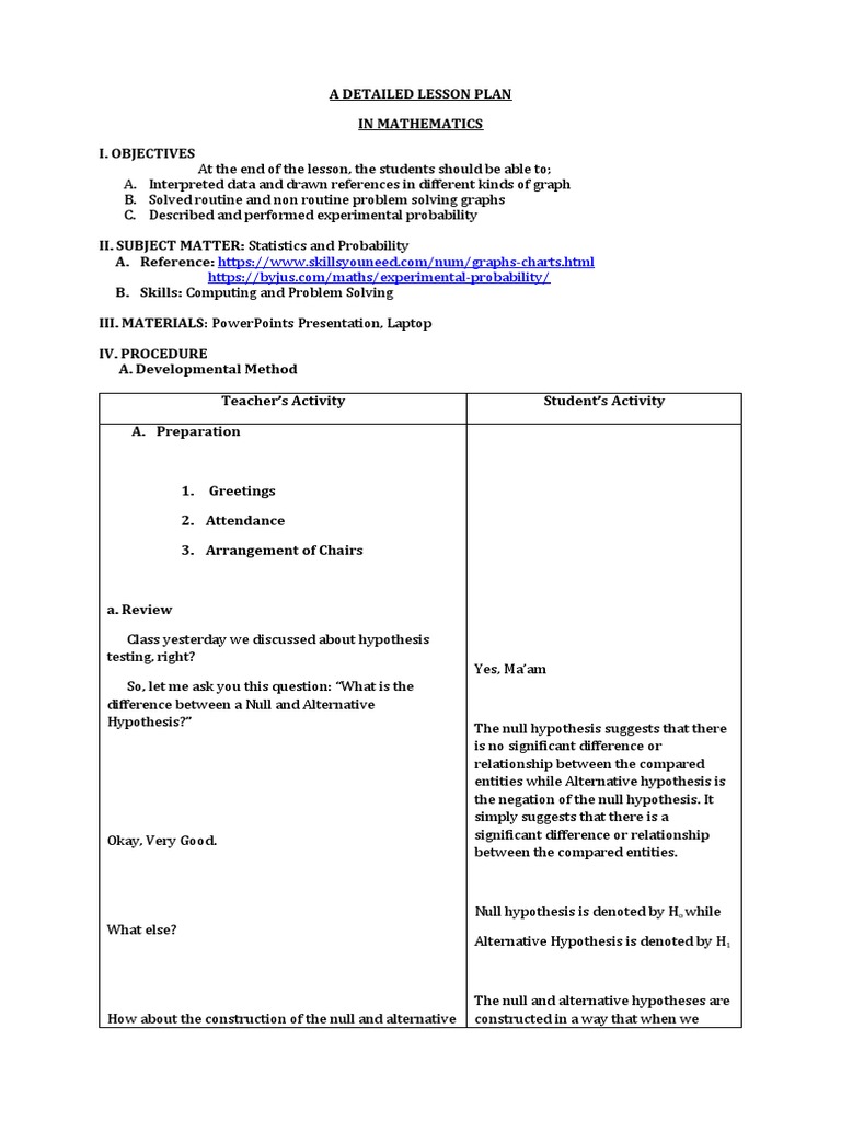 GROUP 15 Detailed - LessonPlan 1 | PDF | Hypothesis | Null Hypothesis