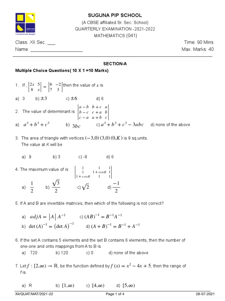 Suguna Pip School: (041) Class: XII Sec. - Time: 90 Mins Name: - Max ...