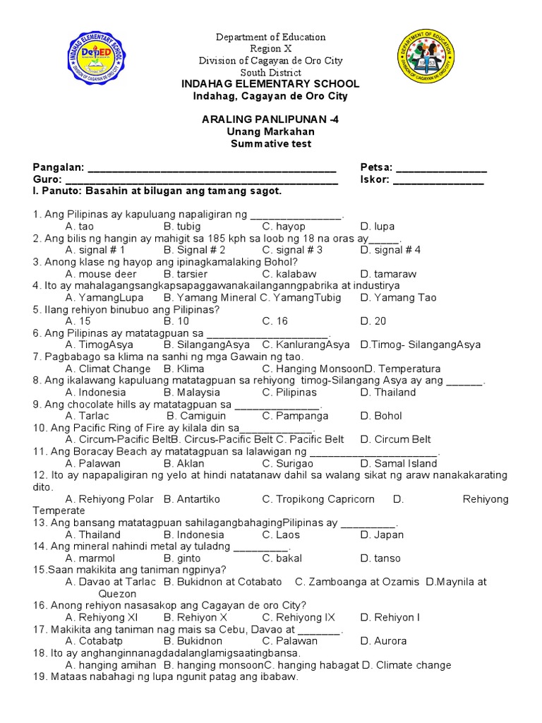 1st Grading Testpaper With TOS | PDF