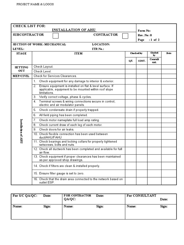 Installation Check Sheet For Ahu Fahu | PDF | Duct (Flow) | Electricity