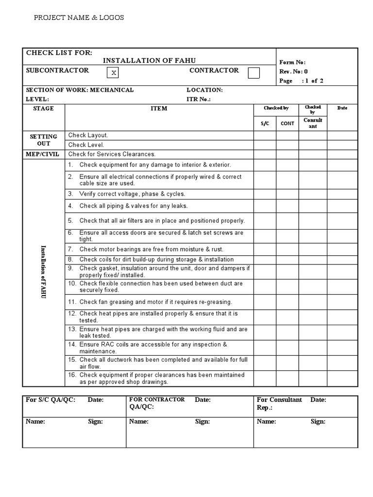 Installation Check Sheet For Fahu | PDF | Duct (Flow) | Manufactured Goods