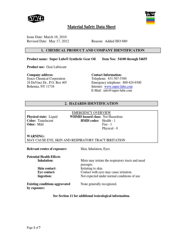 MSDS Super Lube Gear Oil | PDF | Dangerous Goods | Firefighting