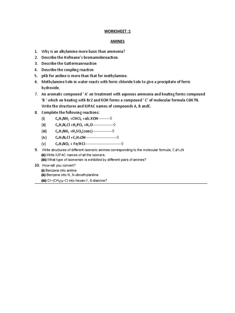 Worksheet:1 Amines | PDF | Amine | Physical Sciences