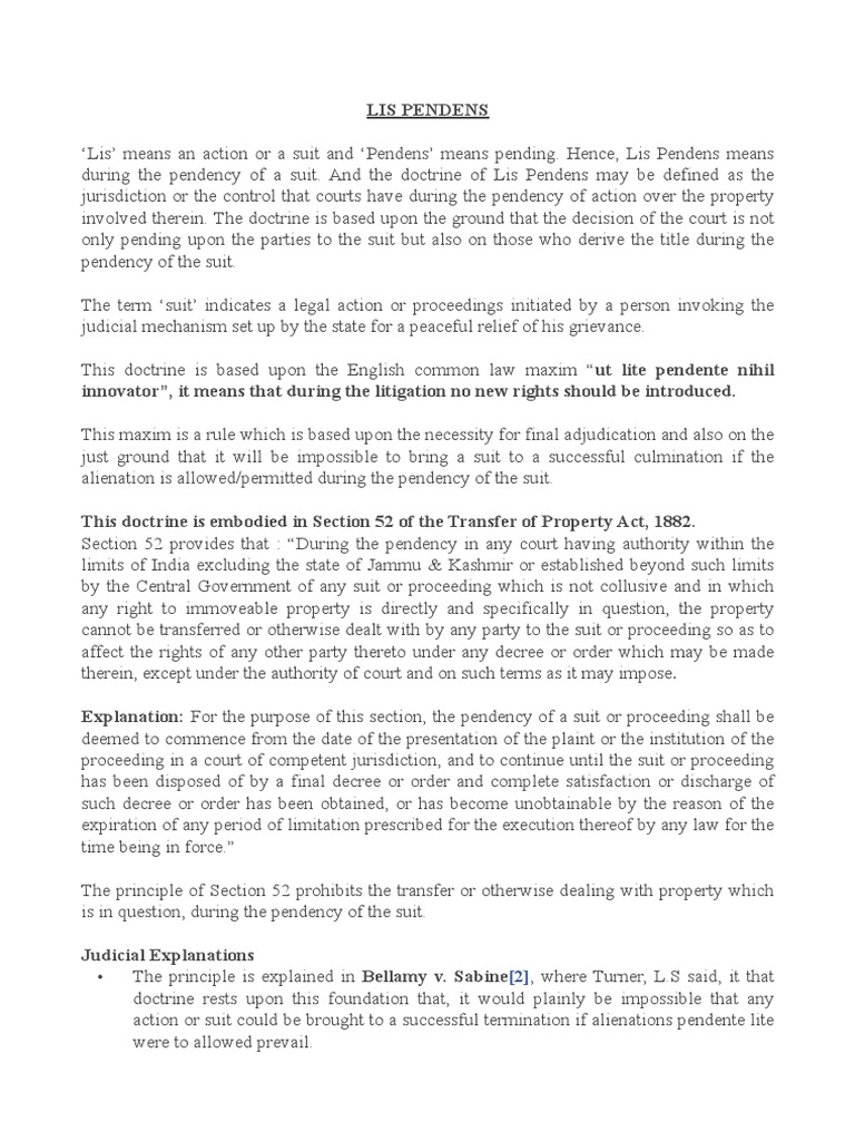 Analysis of the Legal Doctrine of Lis Pendens: Its Key Principles ...