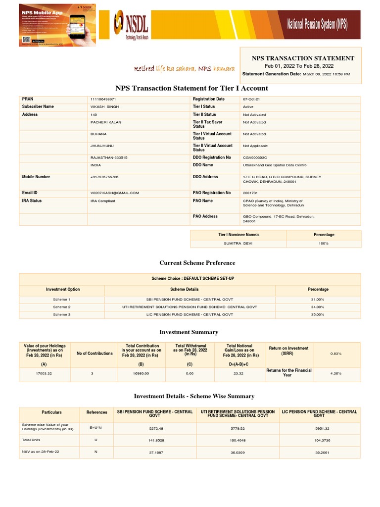 NPS Transaction Statement For Tier I Account | PDF | Pension | Retirement