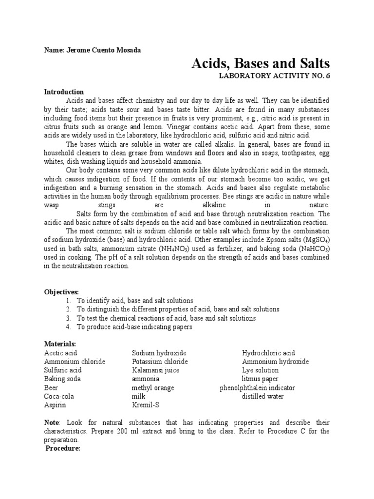Acids, Bases, and Salts Laboratory Guide | PDF | Salt (Chemistry) | Acid