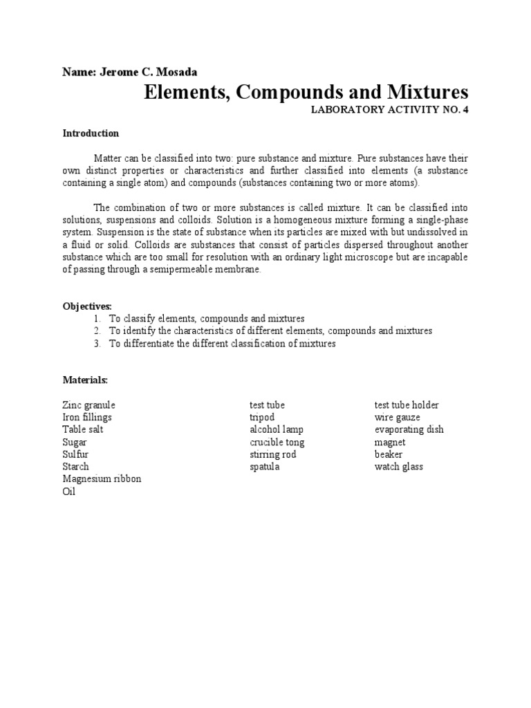 LAB ACT 4 Elements, Compounds and Mixtures | PDF | Mixture | Chemical ...