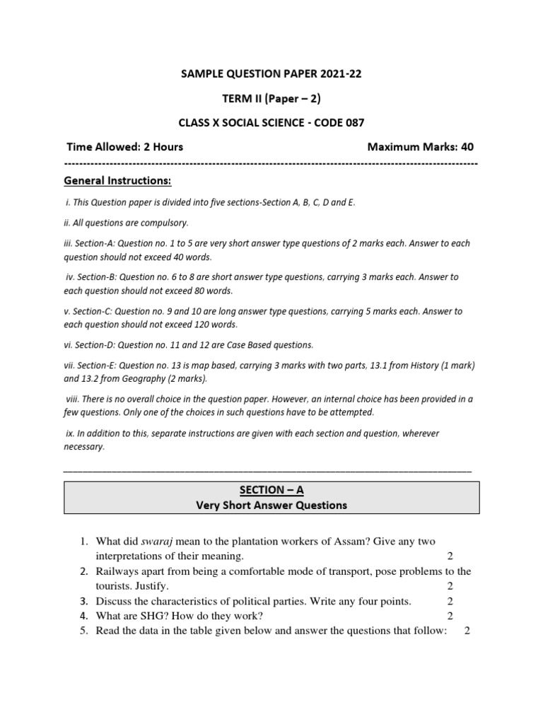 Sample Question Paper 2021-22 | PDF