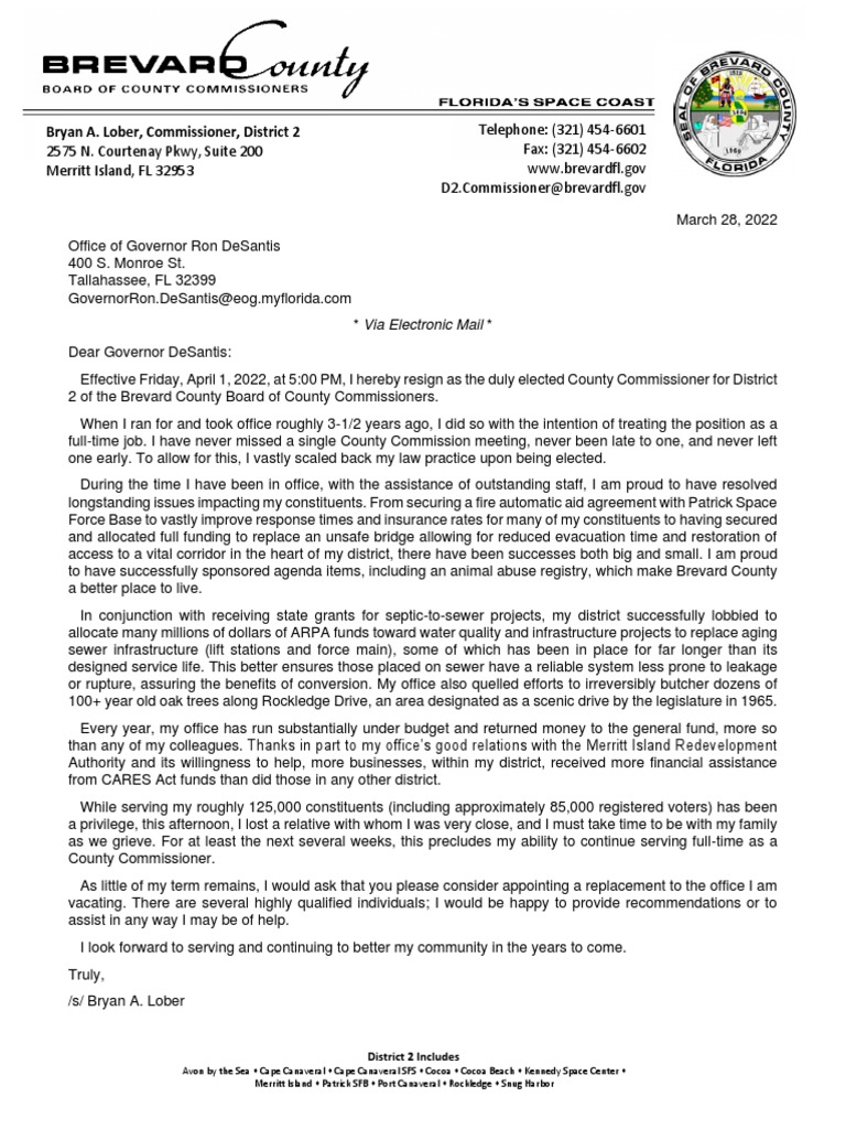 Bryan Lober Letter To Governor DeSantis - 2022 March 28 | PDF | Government