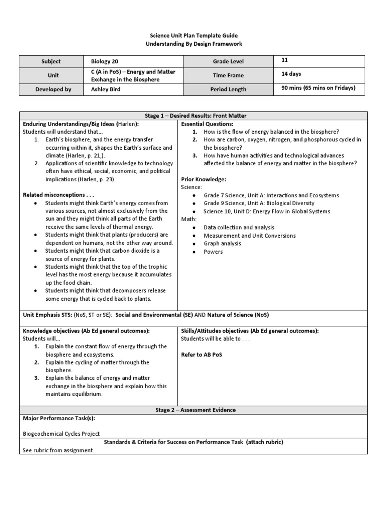 Unit C A - Energy and Matter Exchange in The Biosphere - Unit Plan ...