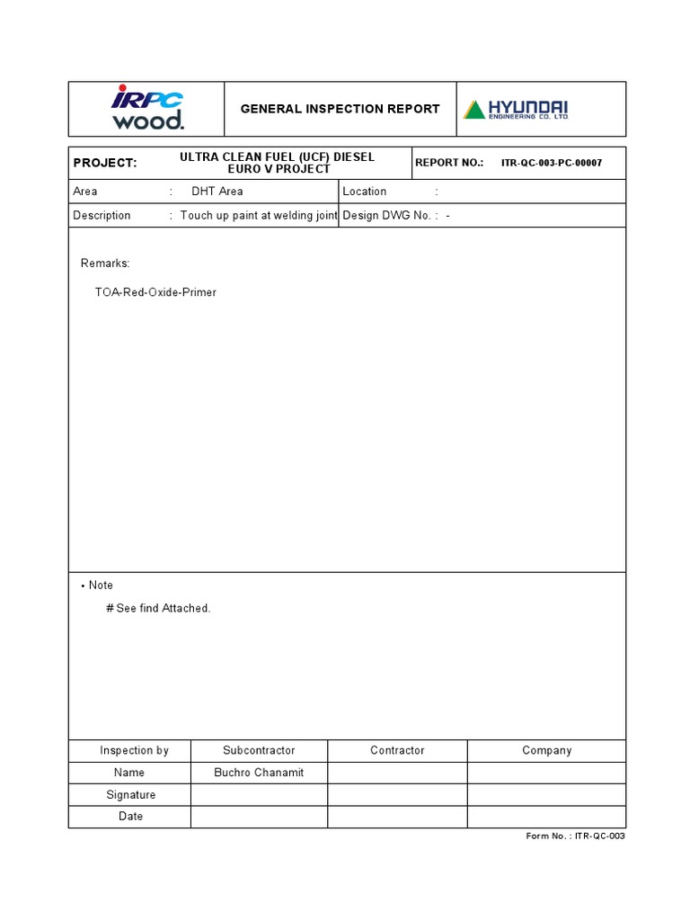 ITR-QC-001 General Inspection Report Rev (AutoRecovered) ... | PDF ...
