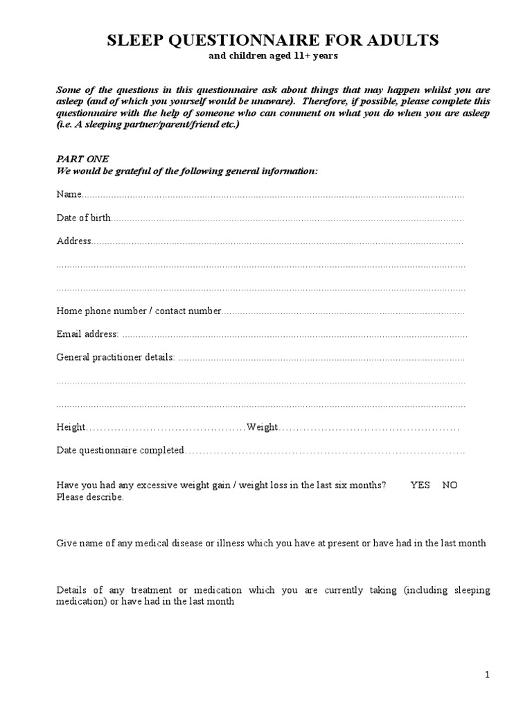 Sleep Questionnaire For Adults: and Children Aged 11+ Years | PDF ...