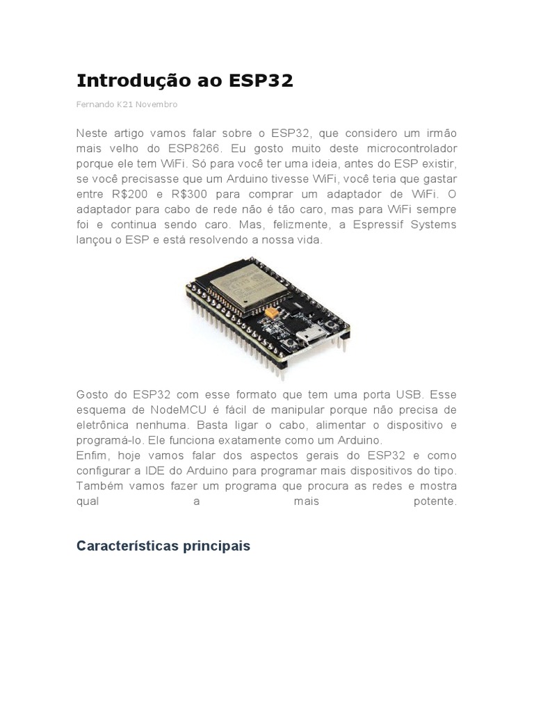 Introdução Ao ESP32 | PDF | Arduino | Wi-Fi Introdução Ao ESP32 | PDF | Arduino | Wi-Fi