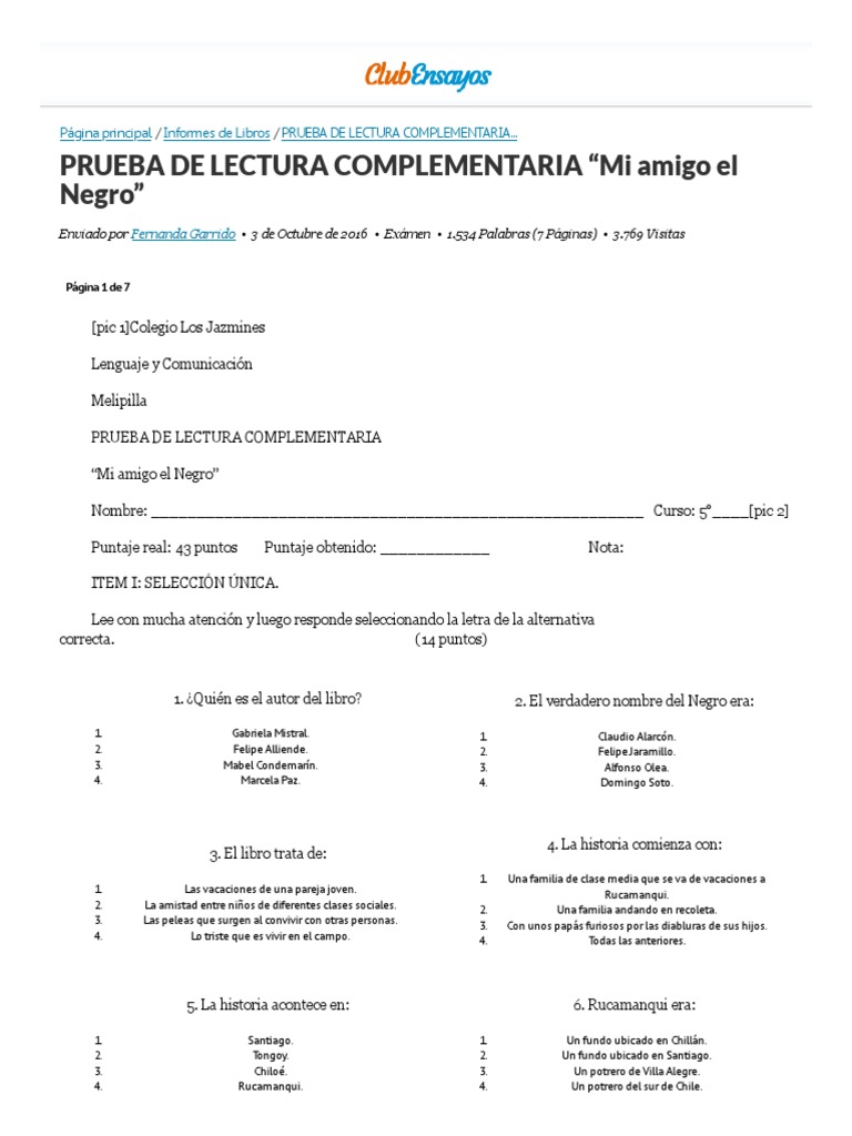 PRUEBA DE LECTURA COMPLEMENTARIA "Mi Amigo El Negro" - Exámen - Fernanda Garrido | PDF
