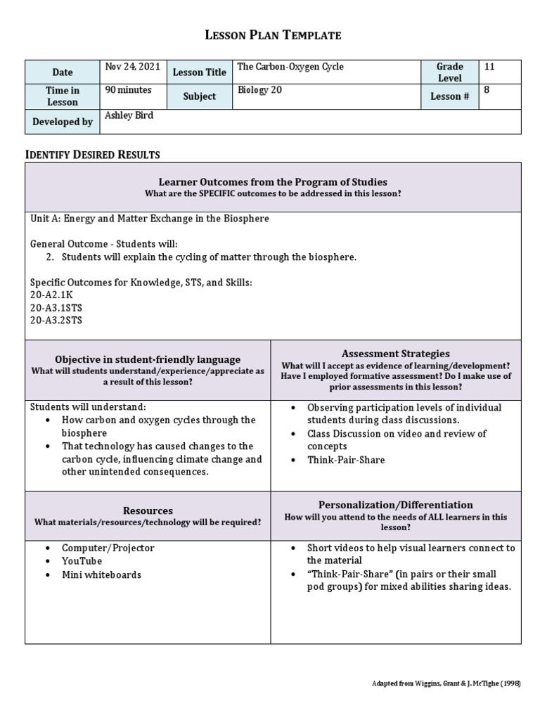 Unit C A - Carbon-Oxygen Cycle 8 | PDF | Lesson Plan | Carbon Cycle
