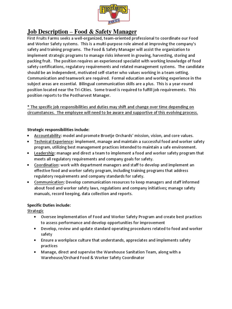 Job Description - Food & Safety Manager | PDF | Occupational Safety And ...