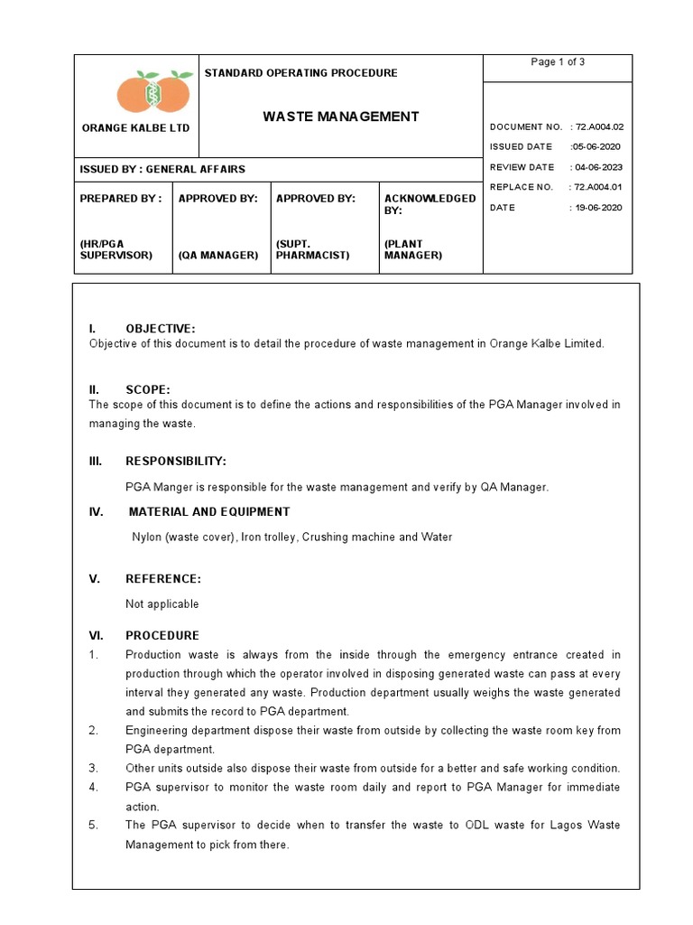 SOP WASTE MANAGEMENT Revised 2020 | PDF | Waste Management