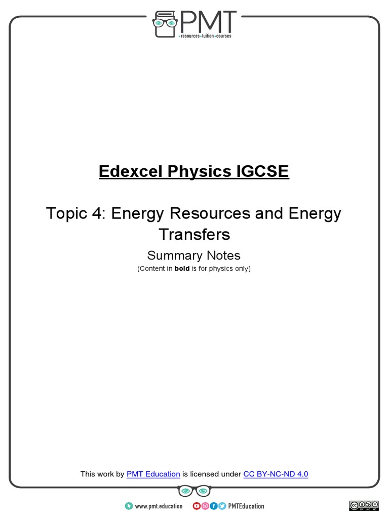 Summary Notes - Topic 4 Energy Resources and Transfers - Edexcel ...