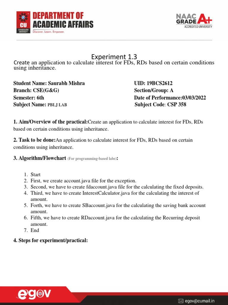 Experiment 1.3: Create An Application To Calculate Interest For FDS, Rds Based On Certain ...