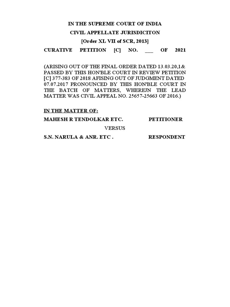 Curative Petition Draft Tutorial | PDF | Judgment (Law) | Appeal