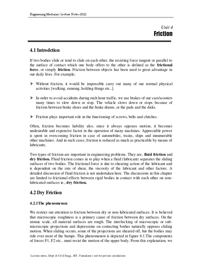 Unit4 Friction Theory Lecturenotes | Download Free PDF | Friction | Force