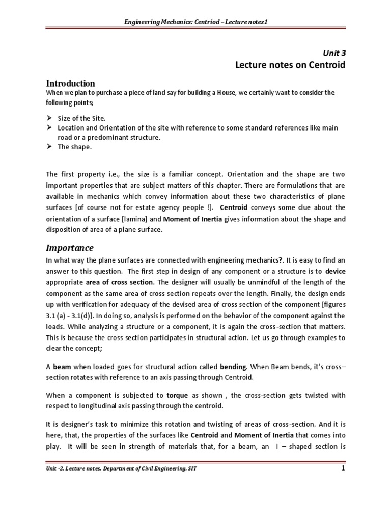 Unit 3: Lecture Notes On Centroid | PDF | Beam (Structure) | Bending