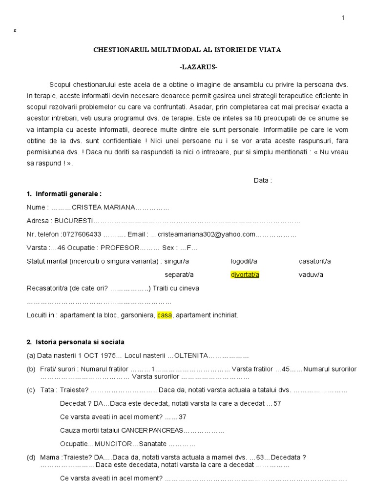 Chestionarul Multimodal LAZARUS | PDF