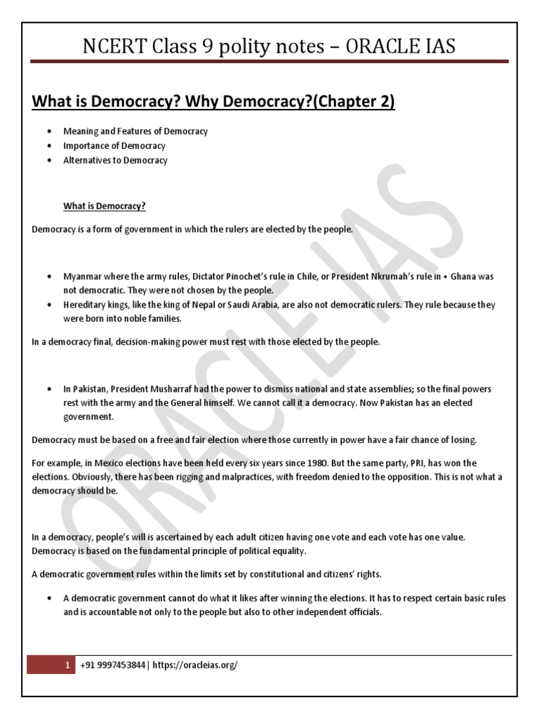 NCERT Class 9 Polity Notes - ORACLE IAS: What Is Democracy? Why ...