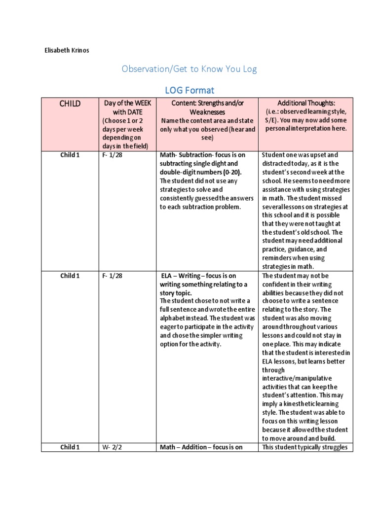 Child Observation Log: Strengths & Needs | PDF | Teachers | Worksheet