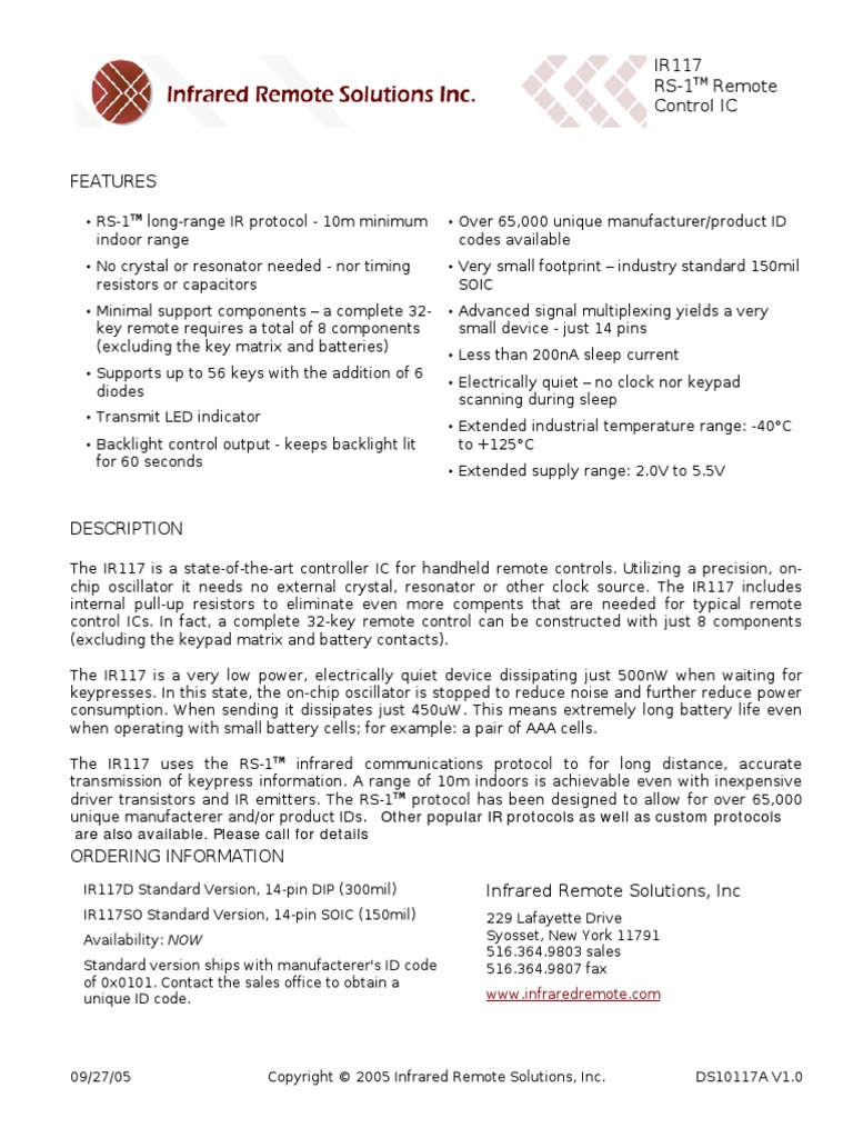 IR117 RS-1 Remote Control IC | PDF | Remote Control | Integrated Circuit