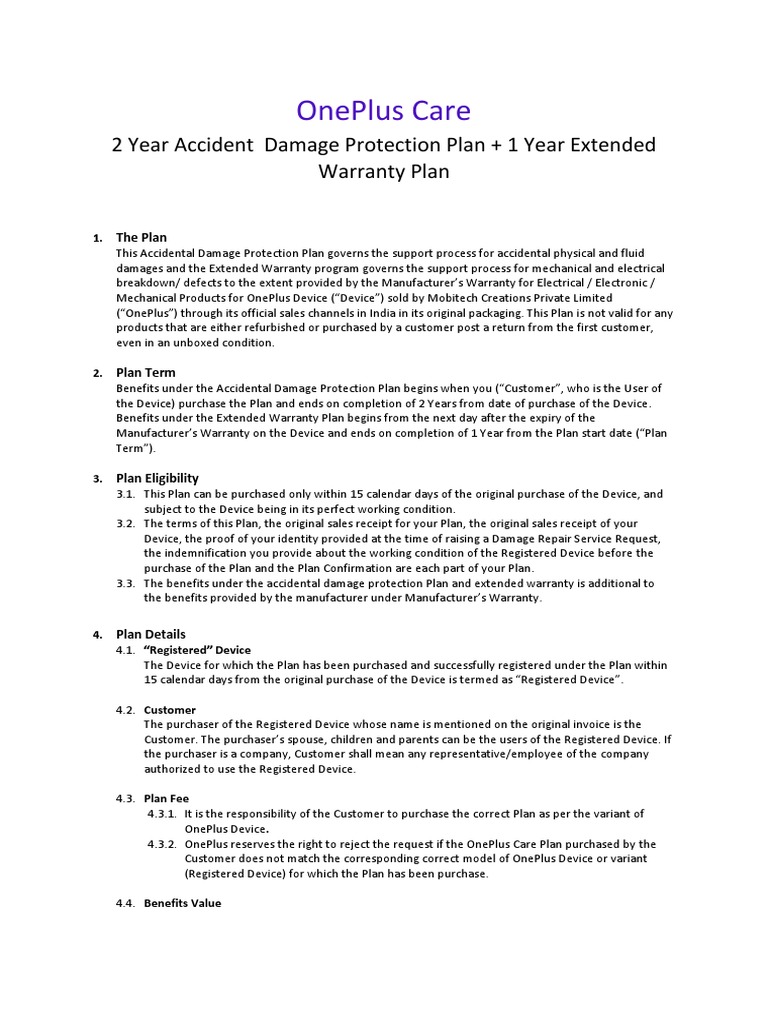 Oneplus Care: 2 Year Accident Damage Protection Plan + 1 Year Extended ...