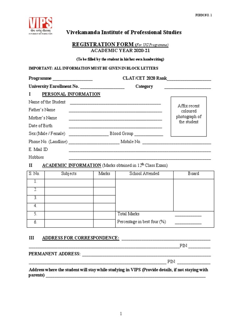 Vivekananda Institute of Professional Studies: Registration Form | PDF ...