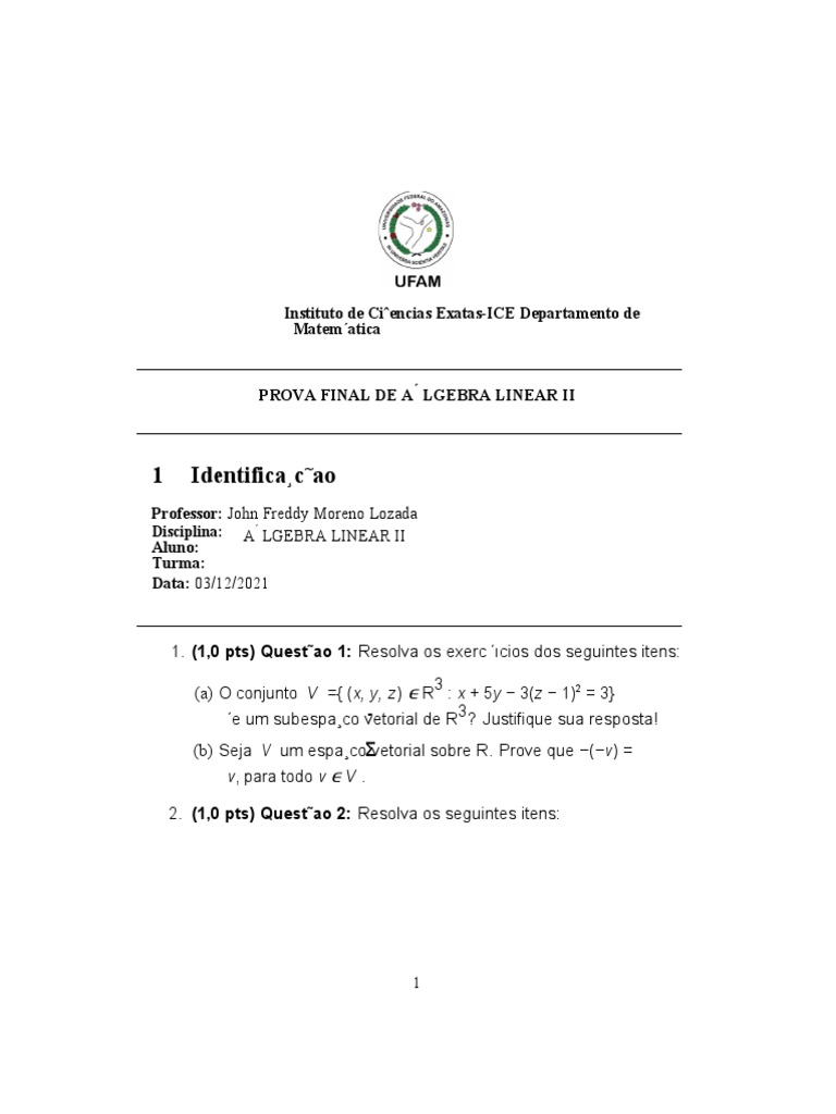 Prova Final de Álgebra Linear II | PDF | Mapa linear | Geometria