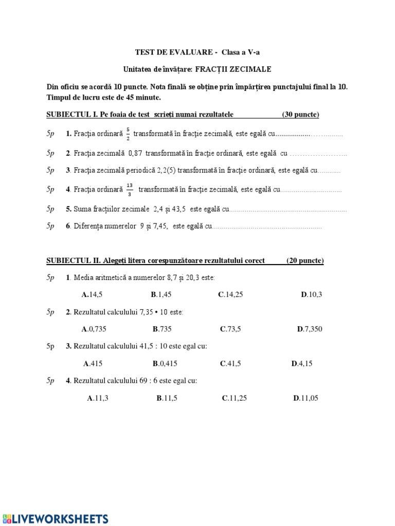 Test Fractii Zecimale | PDF