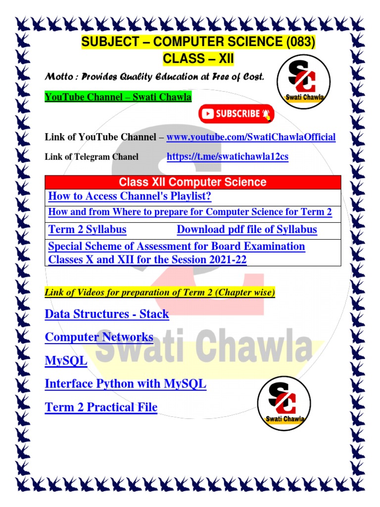Subject - Computer Science (083) Class - Xii: How To Access Channel's ...