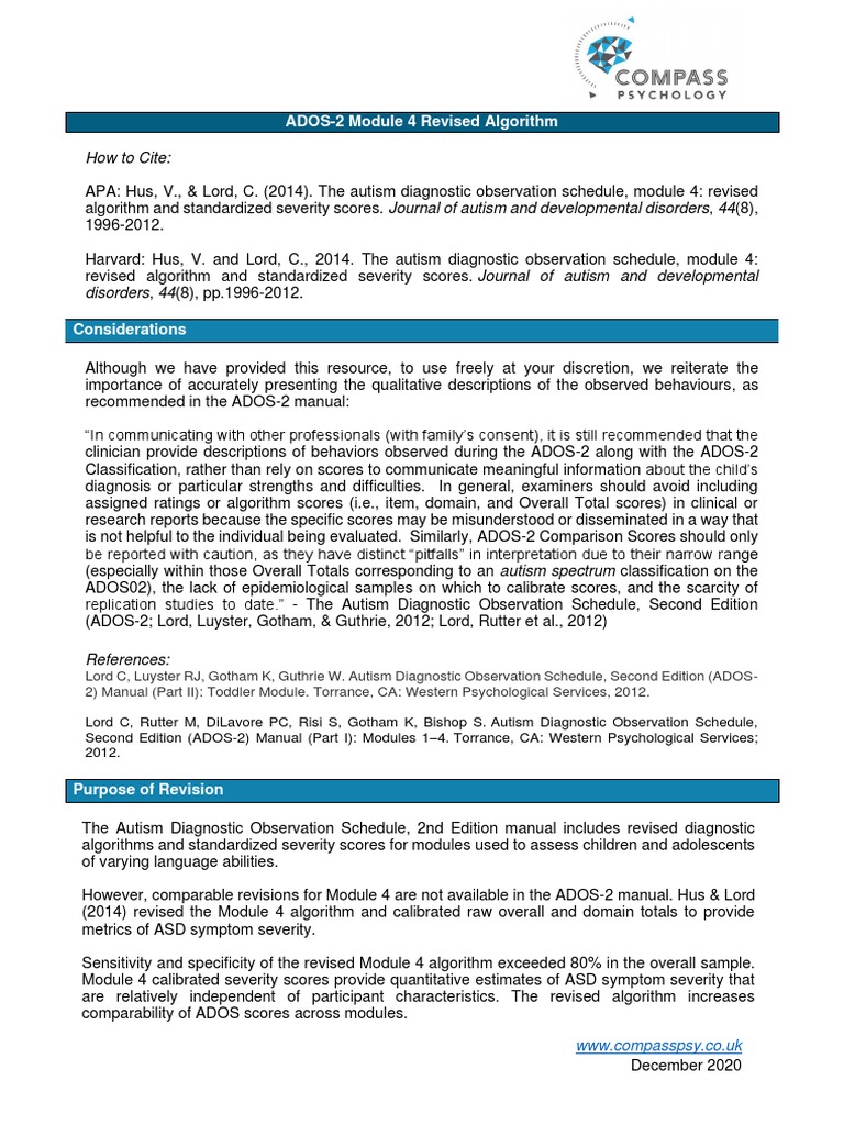 How To Cite:: ADOS-2 Module 4 Revised Algorithm | PDF | Autism Spectrum ...