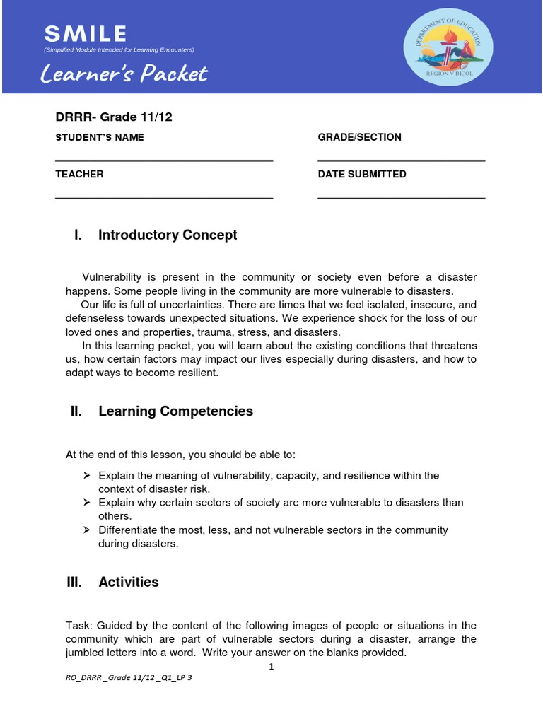 DRRR-Grade 11/12: I. Introductory Concept | PDF | Vulnerability | Poverty