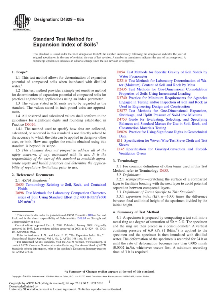 Expansion Index of Soils: Standard Test Method For | PDF | Soil | Materials